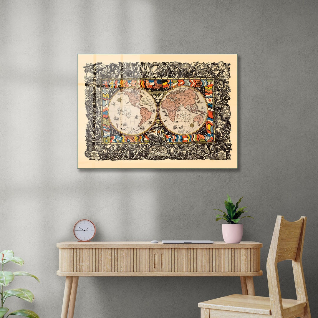 Glass Wall Art, Old World Illustrated Vintage Map Wall Art, Tempered ...