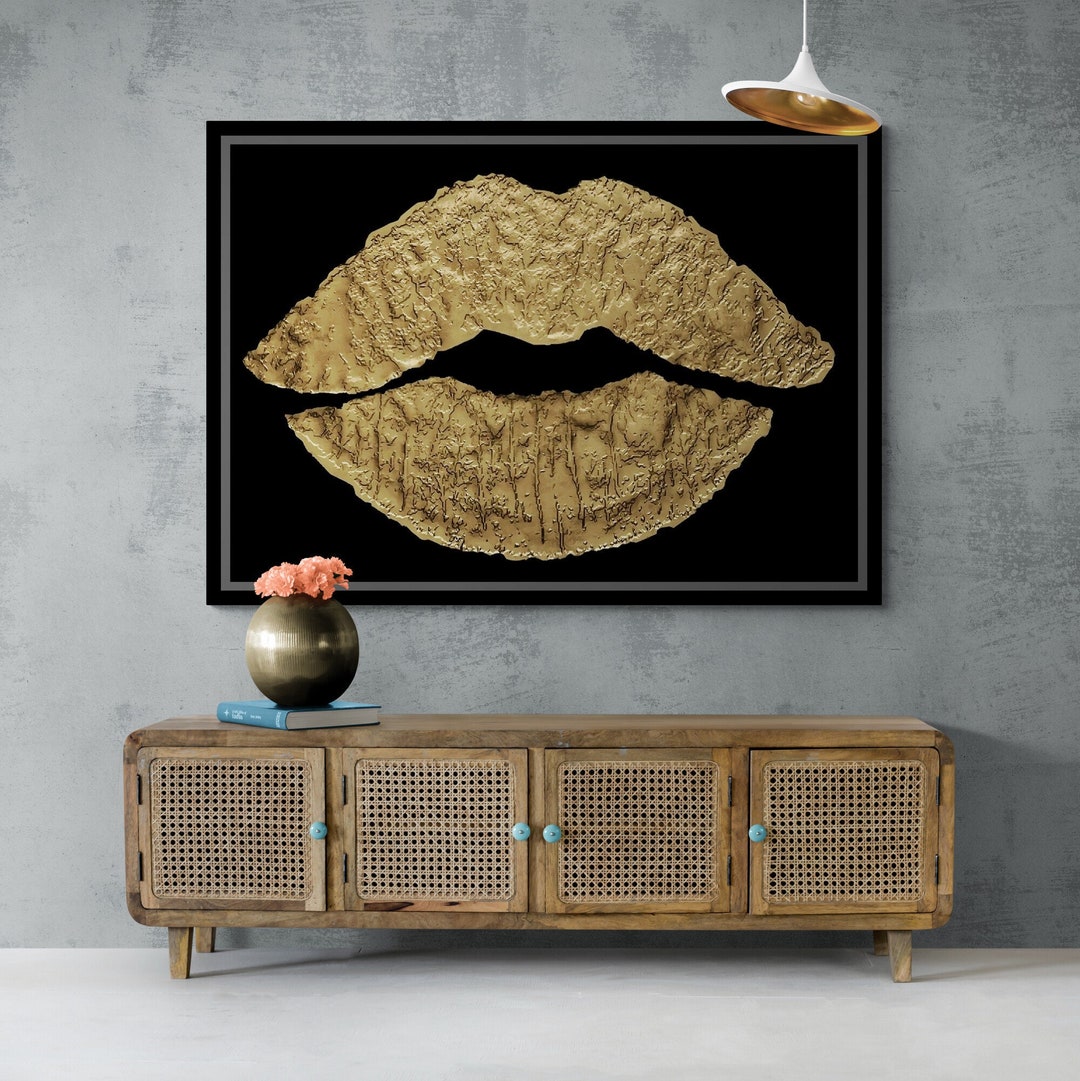 Gold Lip Canvas, Lip Wall Art, Abstract Wall Art, Golden Lips Artwork ...