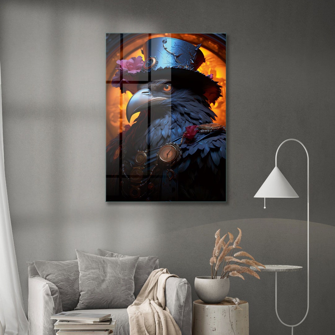 Tempered Glass Wall Art, Surreal Crow Wall Art, Glass Wall Art, Large ...