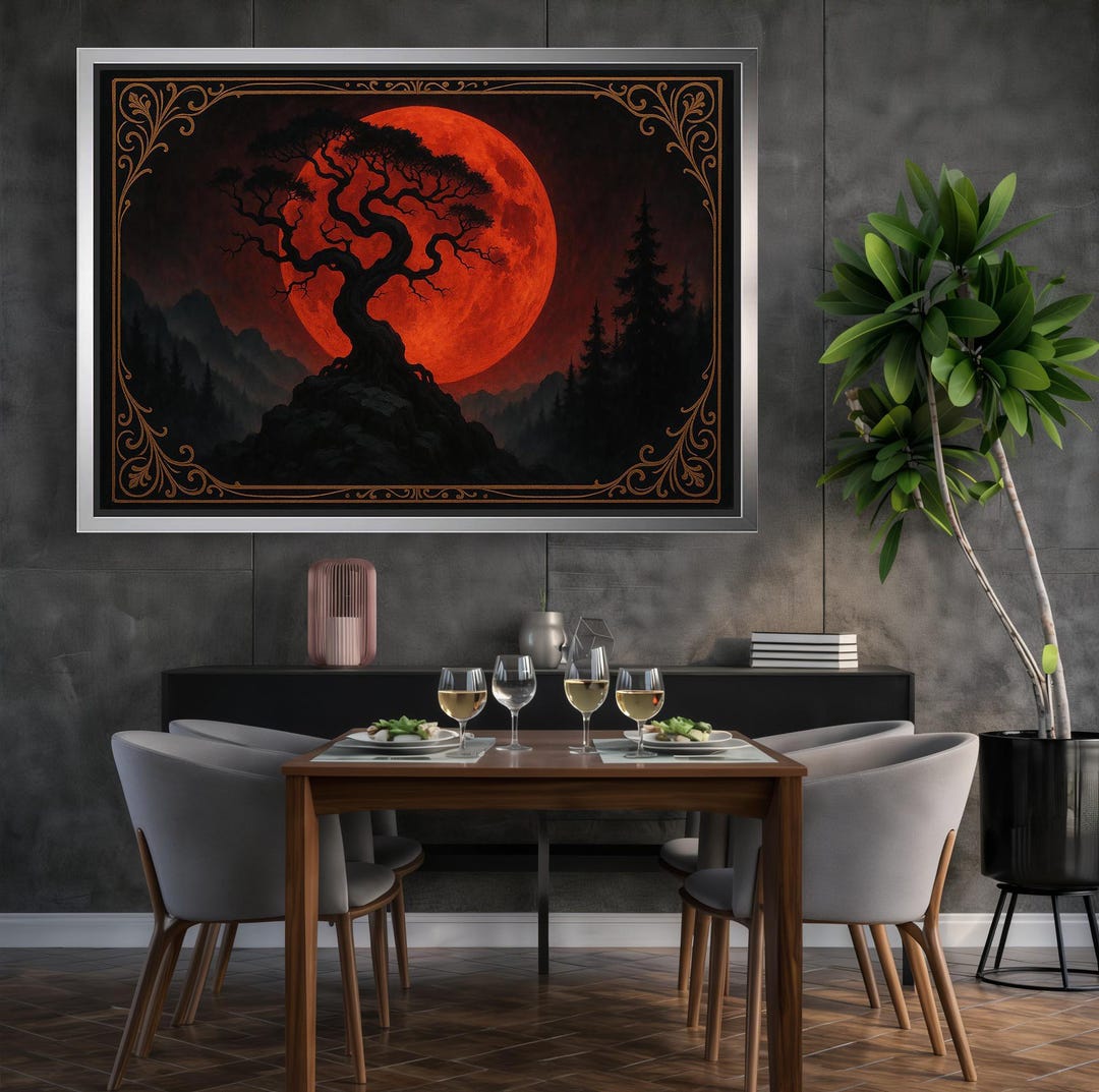 Red Moon Tree Canvas Wall Art, Dark Fantasy Night Landscape Artwork ...
