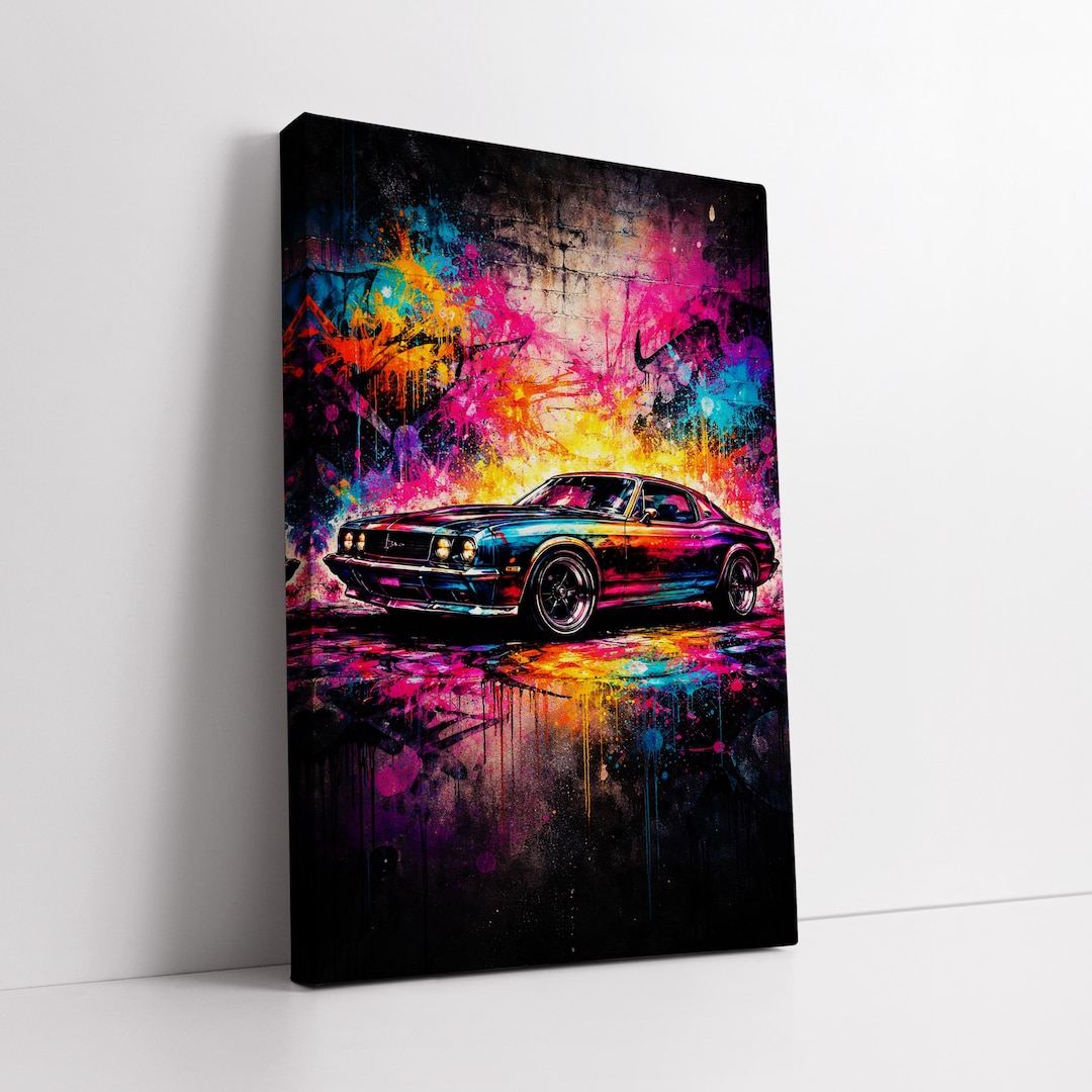 Colorful Graffiti Muscle Car Canvas Wall Art – Neon Street Art Sports ...