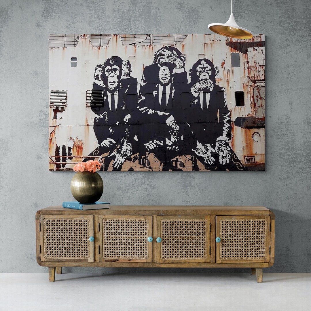 BANKSY Three Wise Monkeys, Banksy Canvas, Monkey Wall Art, Banksy ...