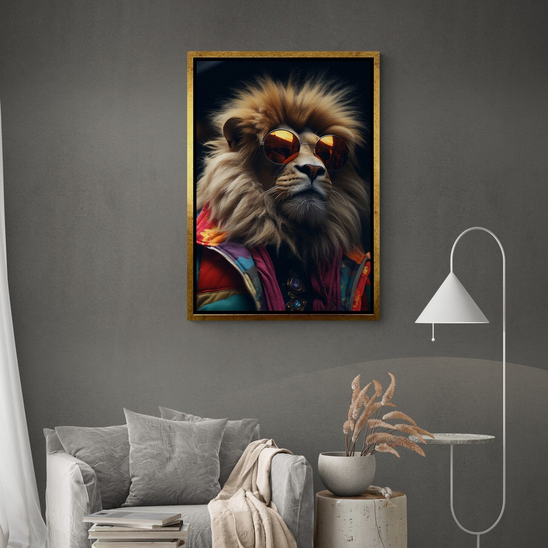 Cool Lion Framed Canvas, Animal Wall Art, Lion With Glasses Canvas ...