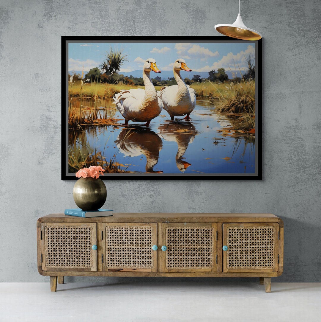 Geese in the Pond Wall Art, Geese Framed Canvas, Goslings Wall Art ...