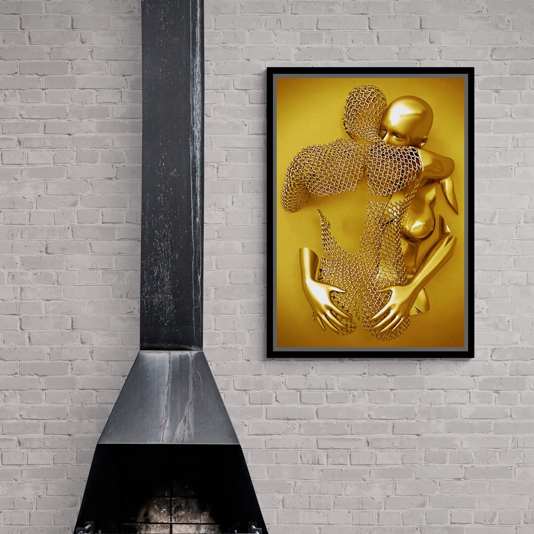 Golden Metallic Hugging Wall Art, Metallic Couple Framed Canvas, 3D ...