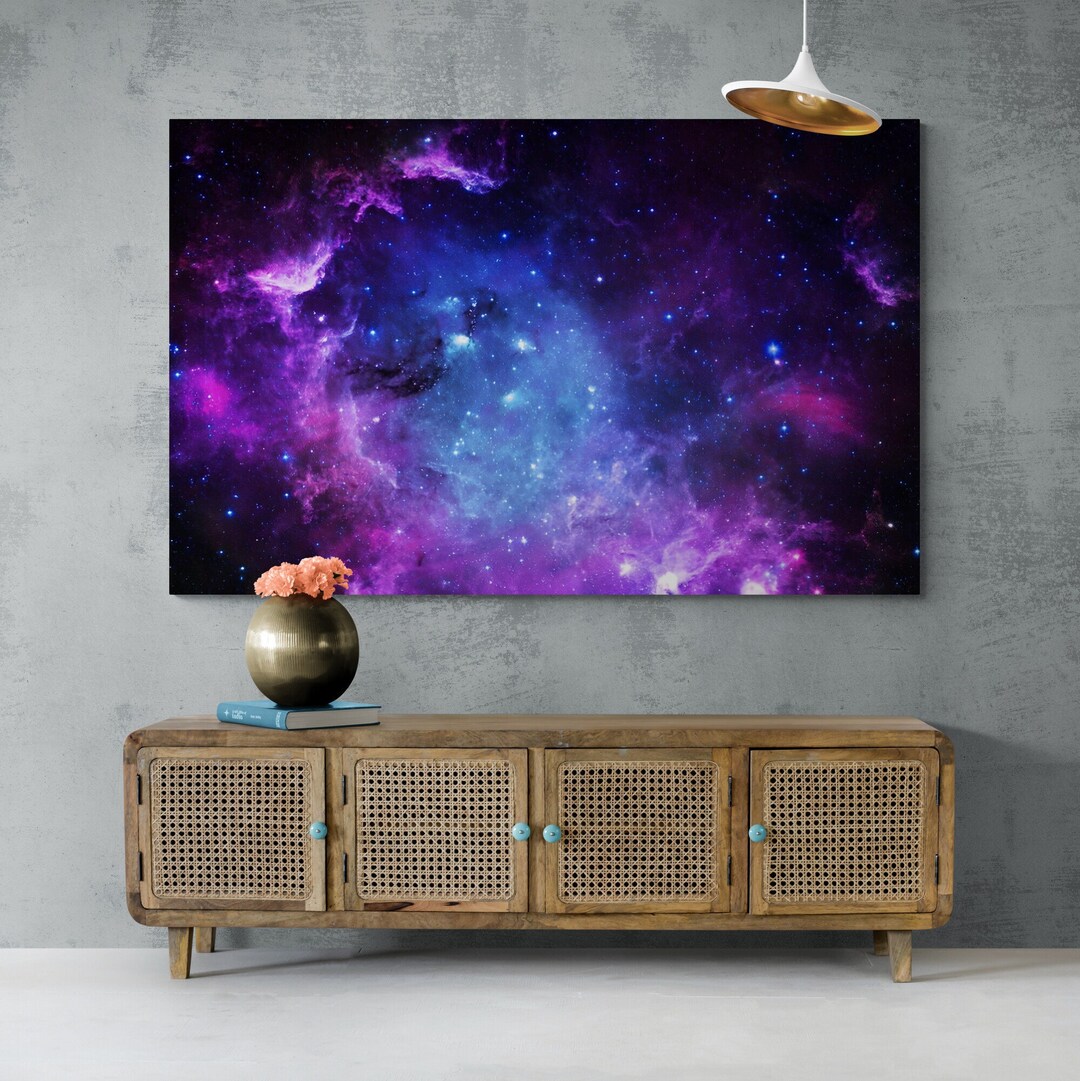 Starry Sky Landscape Wall Art, Space Framed Canvas, Blue and Purple ...