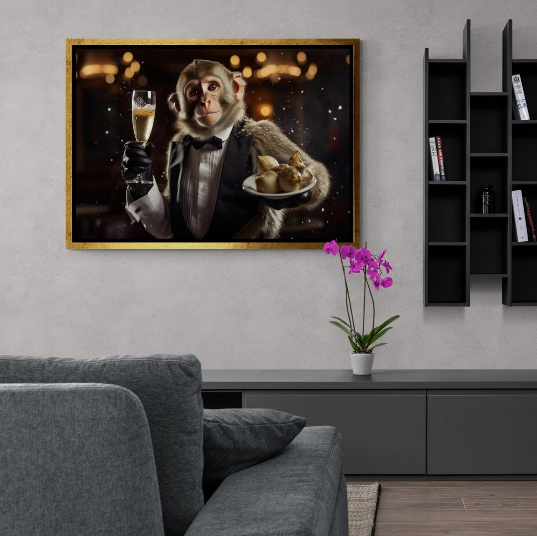 Waiter Monkey Canvas, Animal Wall Art, Fun Monkey Canvas, Champagne ...