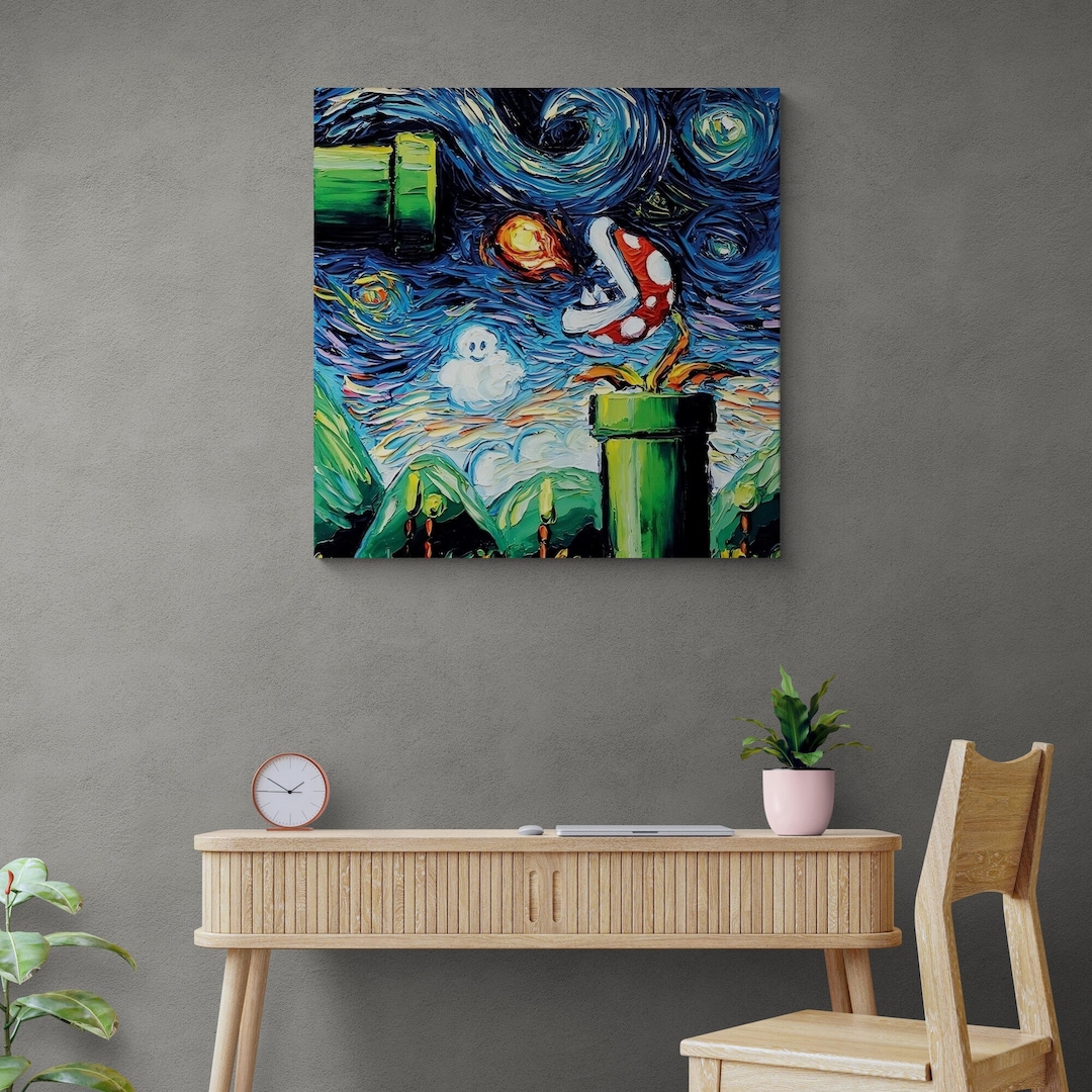 Mario Bros Starry Night, Mario World Gogh Canvas, Van Gogh Art, Mario ...