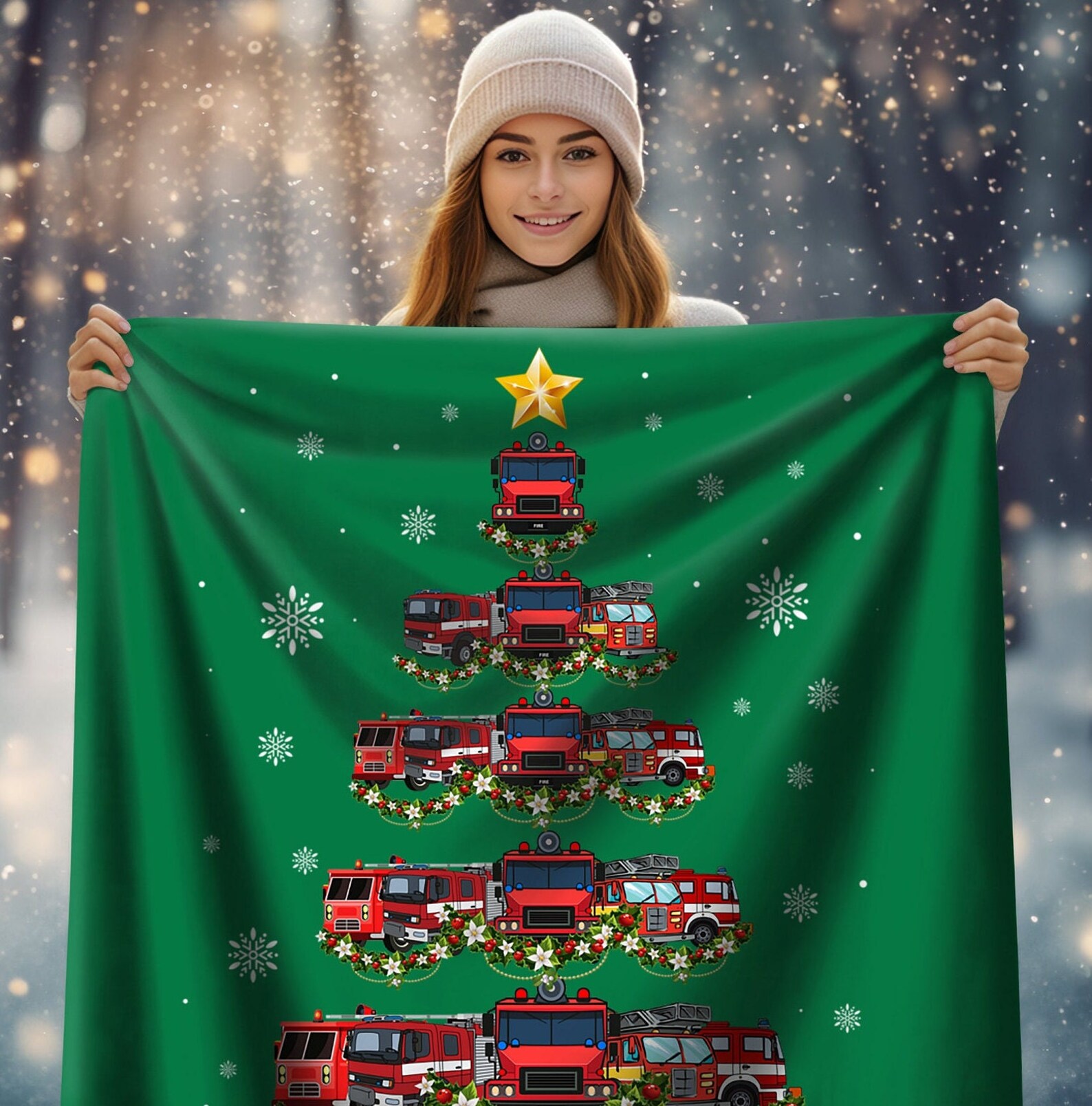 Personalized Firefighter Sherpa Blanket With Fire Engine Christmas Tree ...