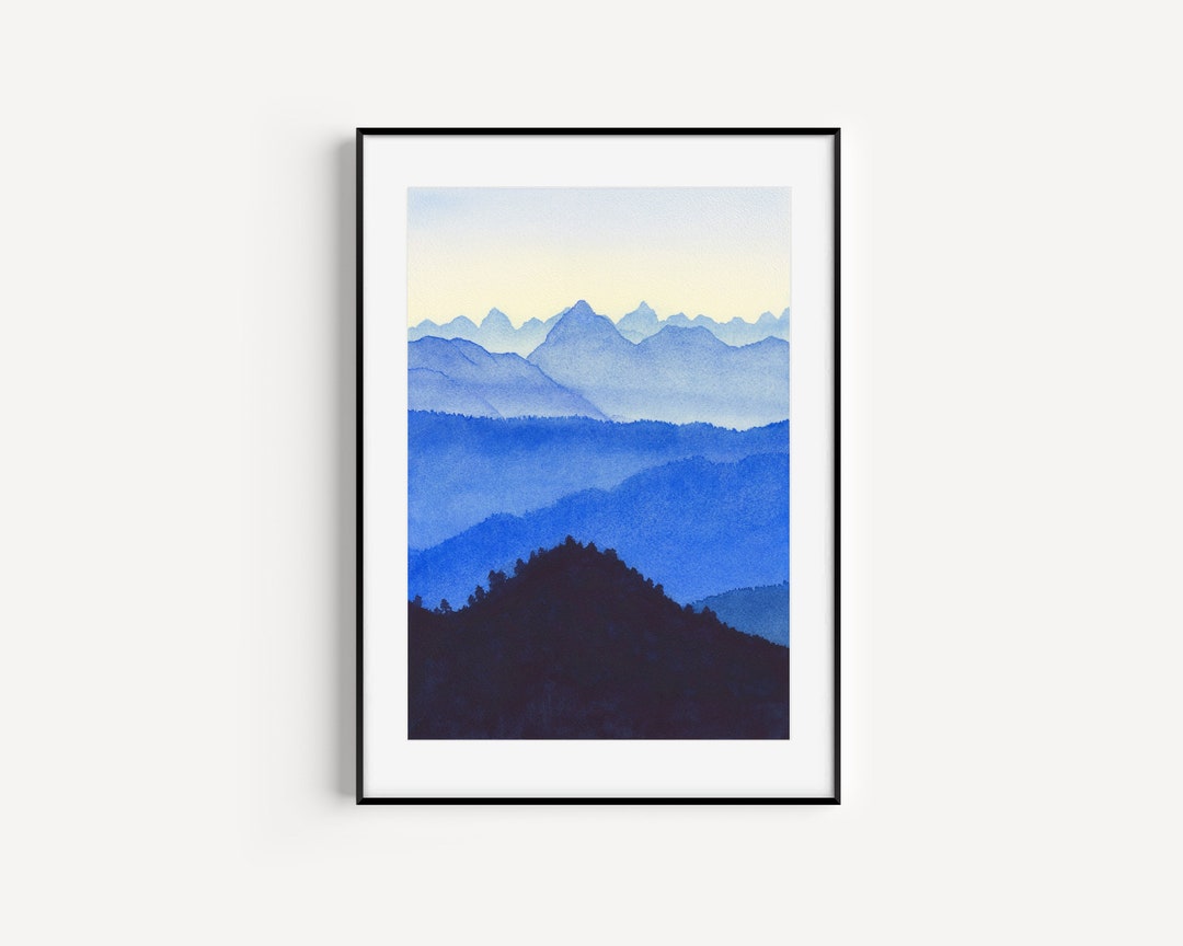 Blue Mountain Painting, Printable Wall Art, Watercolor Landscape ...