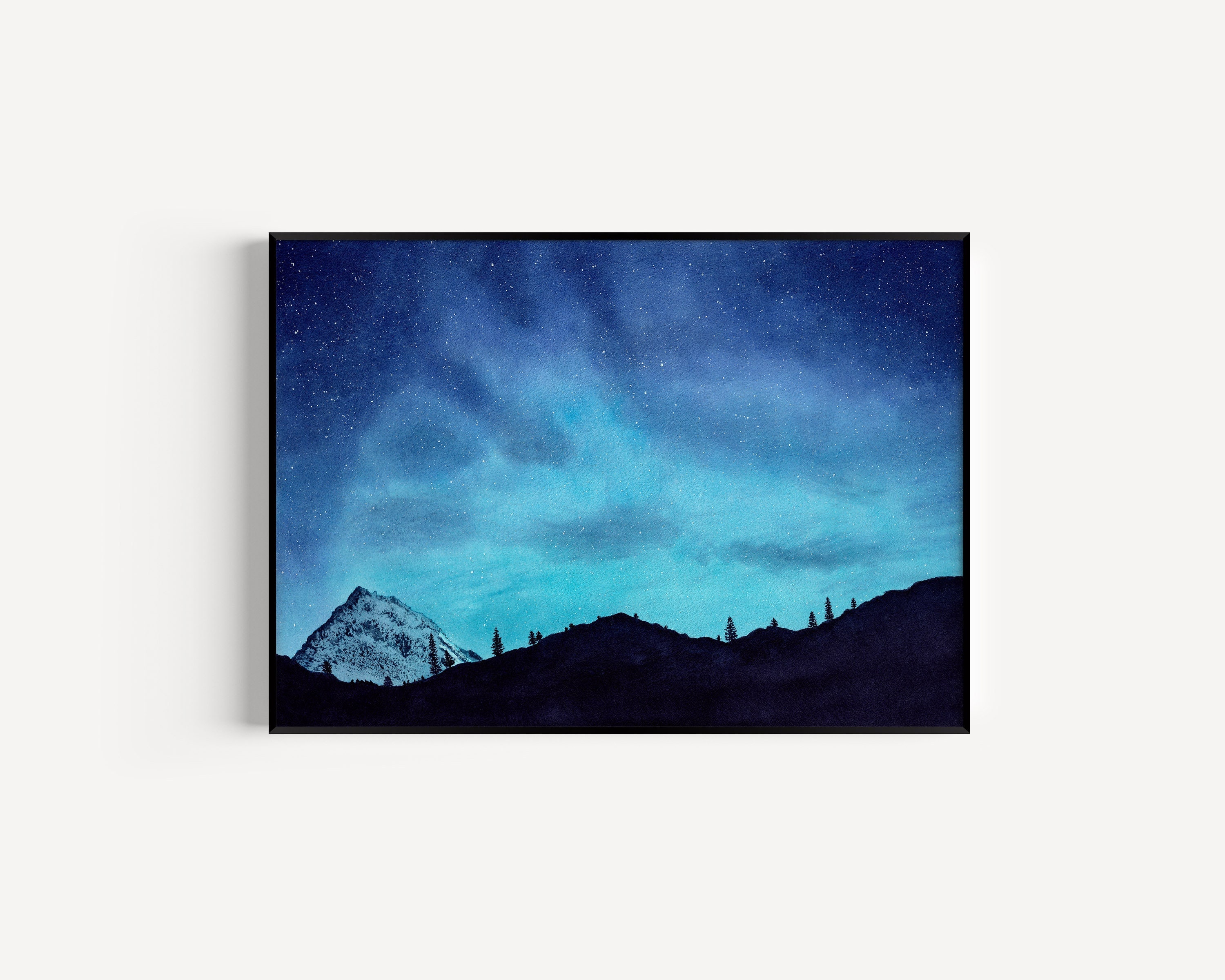 Night Sky Painting, Digital Wall Art Printable, Watercolor Landscape ...