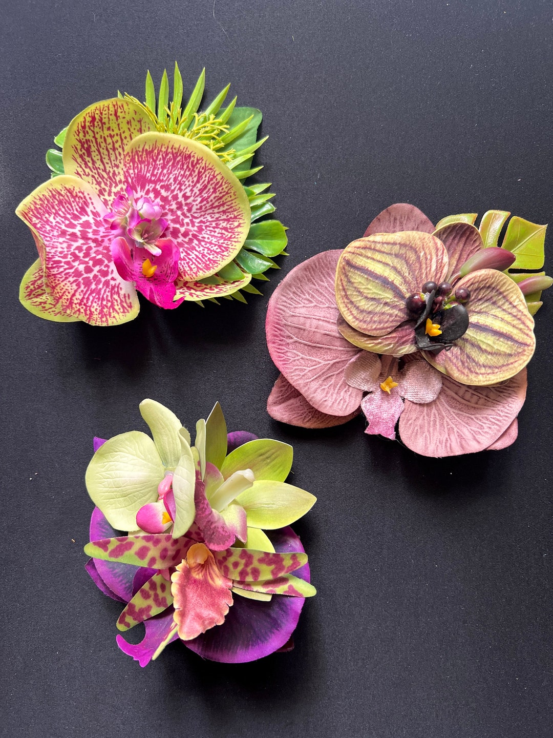 Maroon and Chartreuse Spotted Orchids Faux Flower Hair Clip. Green Leaf ...
