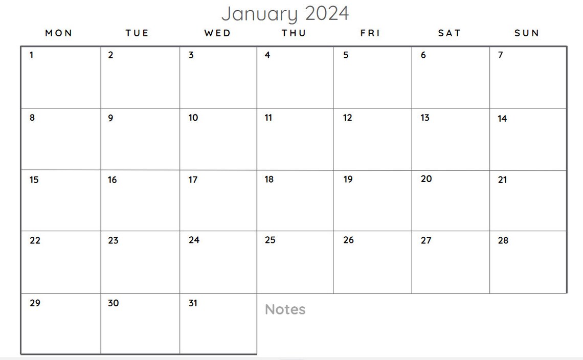 2024 Monthly Calendar Print Simple Minimalist A4 Landscape Horizontal ...