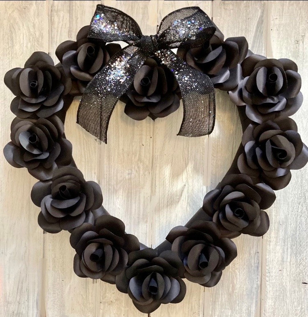 Heart Wreath Gothic Glam Black Paper Cardstock Rose Flowers With Bow ...