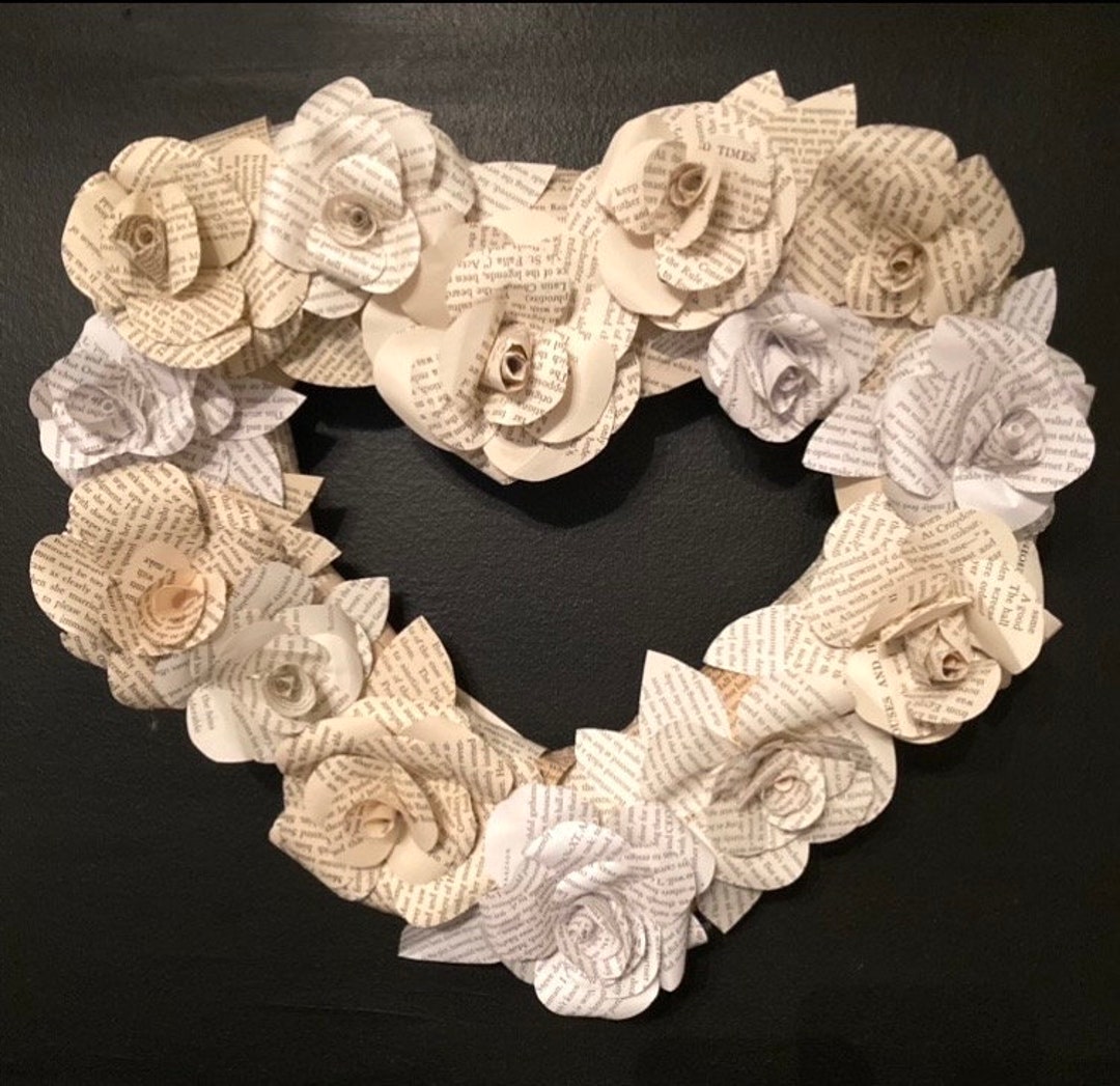 Heart Shaped Book Page Paper Rose Flower Wreath - Etsy