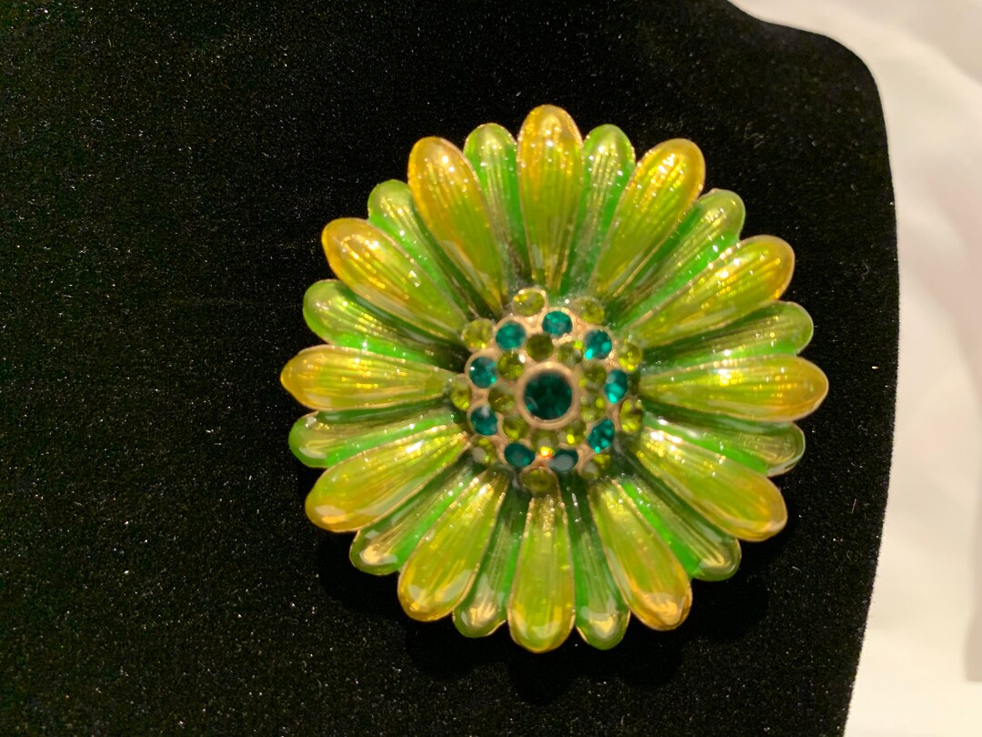 Vintage Signed Monet Enamel and Rhinestone Brooch - Etsy