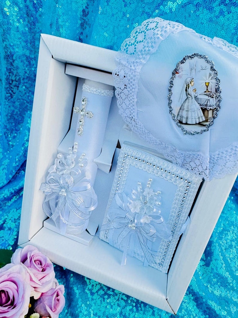 Elegant First Communion Candle Set, Rosary & Prayer Book (4pcs) - Etsy