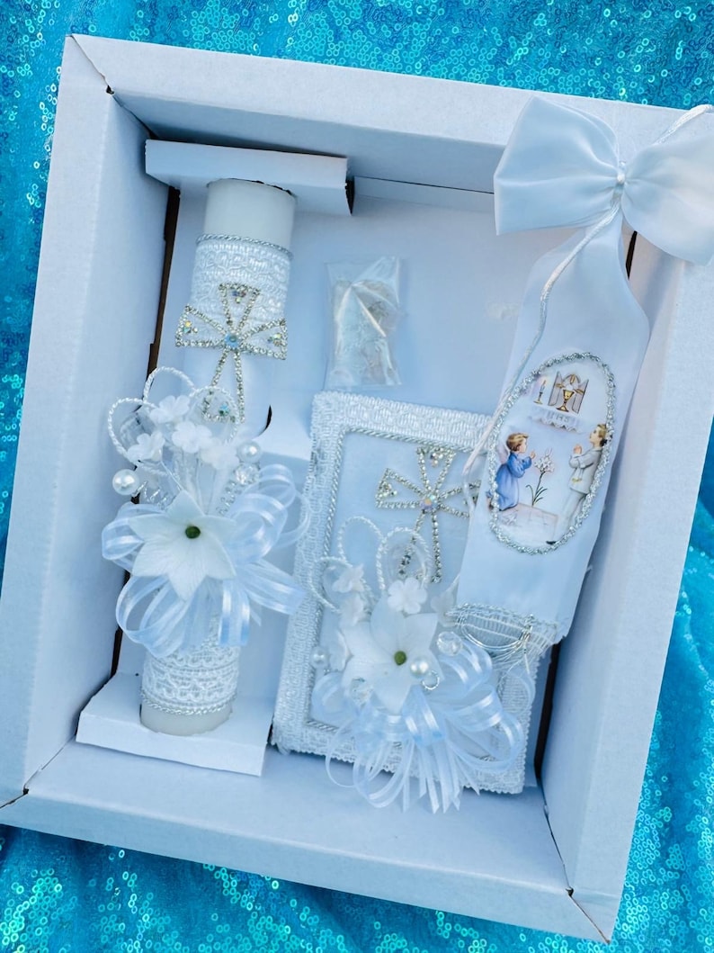 White First Communion Candle Set, Rosary & Prayer Book - Etsy