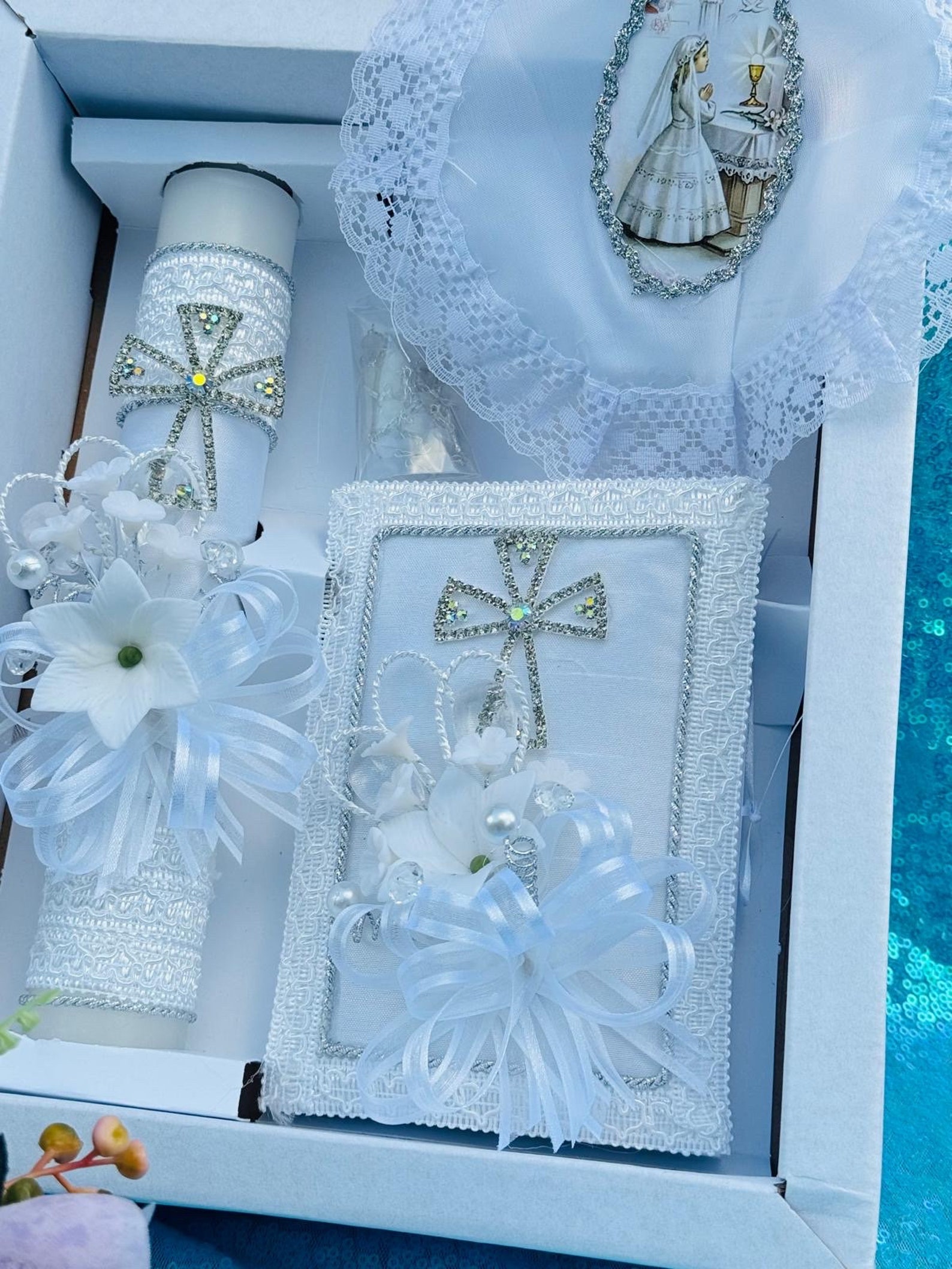 White First Communion Candle Set, Rosary & Prayer Book - Etsy