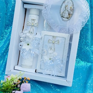 White First Communion Candle Set, Rosary & Prayer Book - Etsy