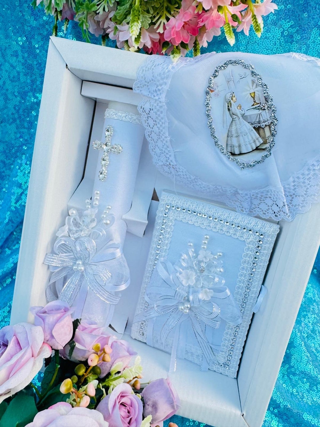 Elegant First Communion Candle Set, Rosary & Prayer Book (4pcs) - Etsy