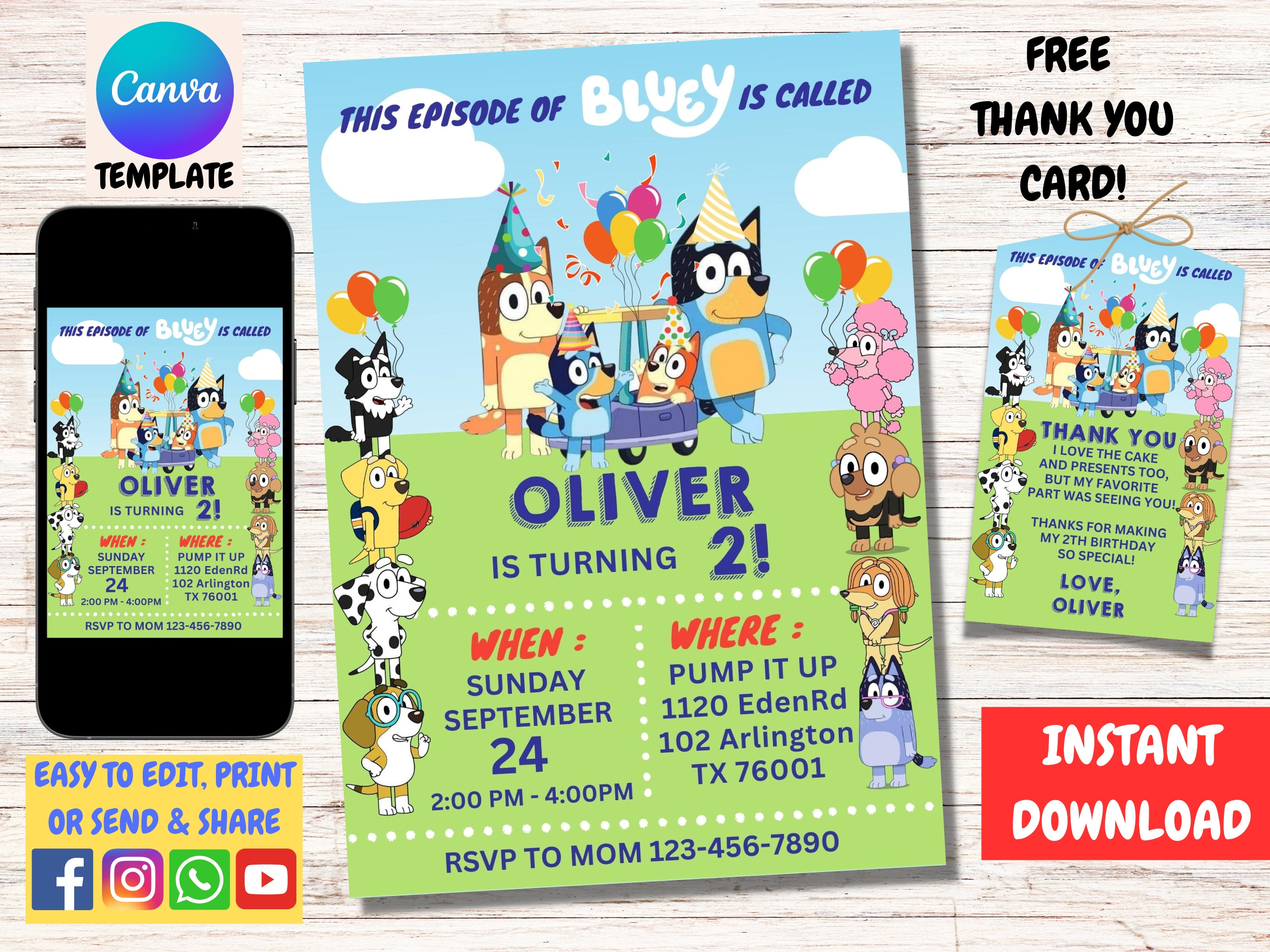 Bluey Party Invitation, BLUEY Birthday Invitation CANVA Editable ...