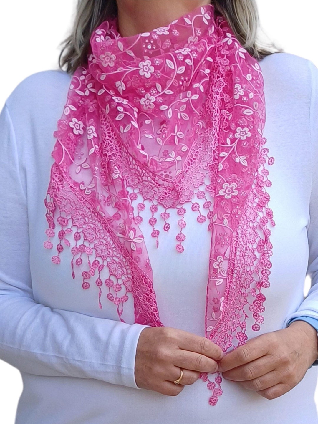 Fuchsia Pink Scarf | Lace-edged Triangle Glitter With Gift Wrapping ...