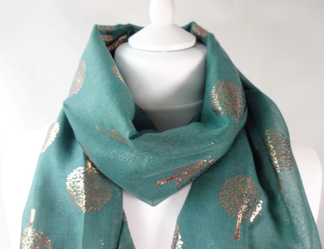Forest Green Rose Gold Tree of Life Lightweight Soft Cotton Mix Scarf ...