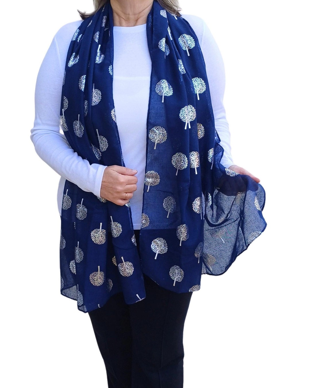 Navy Blue Scarf Silver Tree of Life Print Lightweight Soft Cotton Mix ...