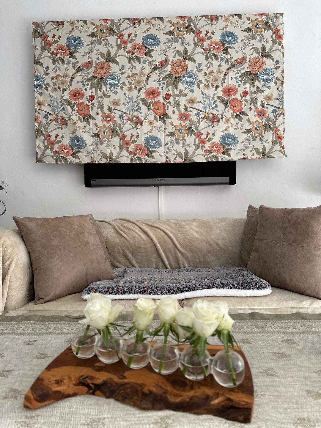 Tv Cover Birds 149x84cm, Decorative TV Cover, TV Birds, Fabric Painting ...