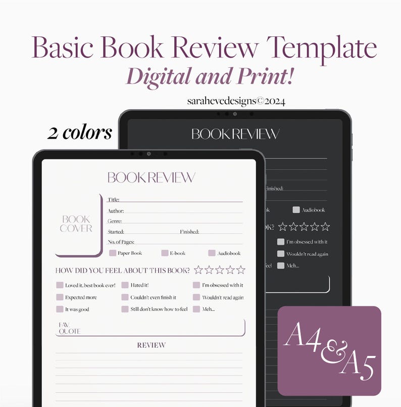 Basic Book Review Template | Digital & Print - Etsy