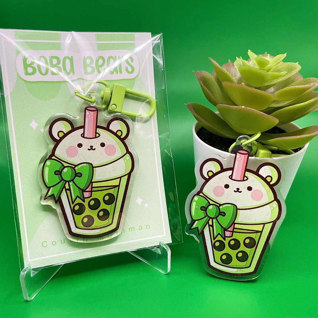Matcha Boba Bear Charm | Boba Keychain, Bear Keychain, Acrylic Keychain ...