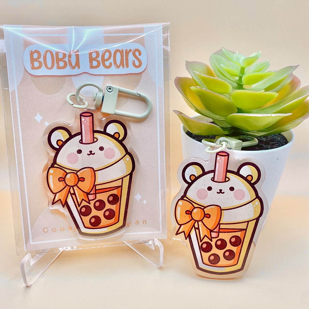 Mango Boba Bear Charm | Boba Keychain, Bear Keychain, Acrylic Keychain ...