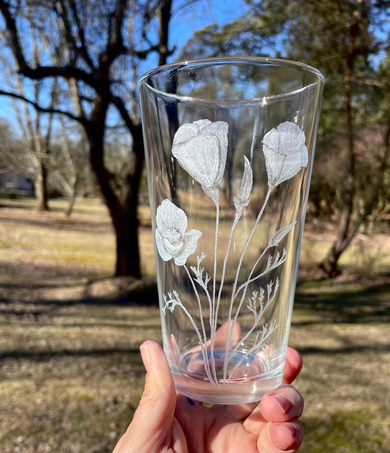 California Poppy Engraved Pint Glass! Stemless Etched Pint Glass ...