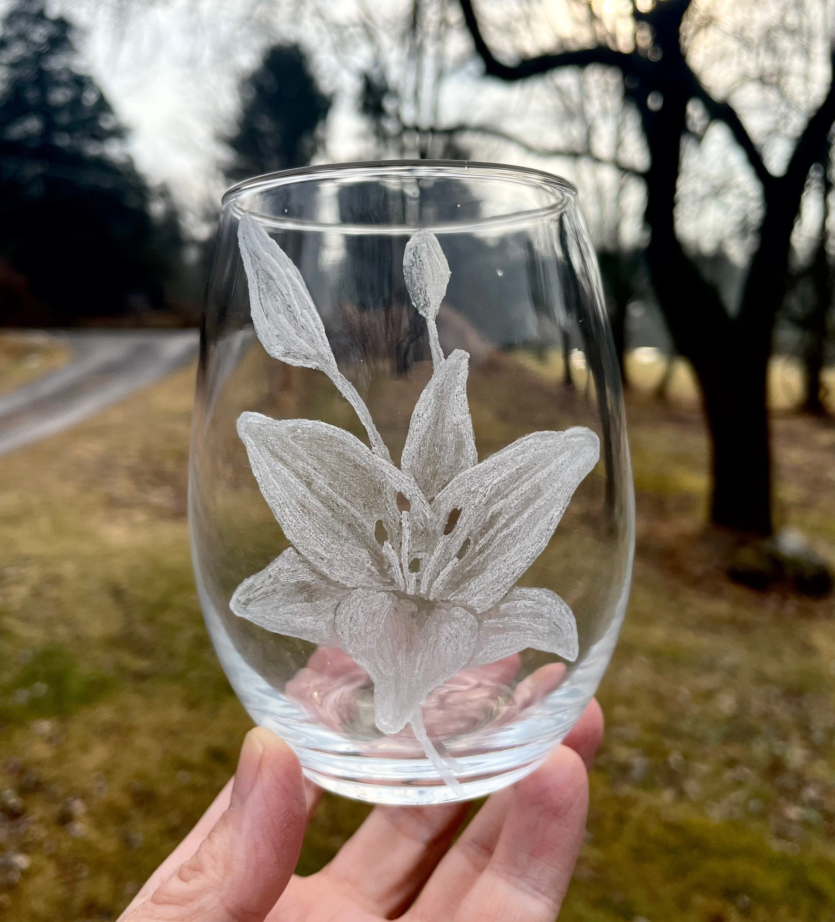 Lily Engraved Wine Glass! Stemless Etched Wine Glass. Personalized for ...