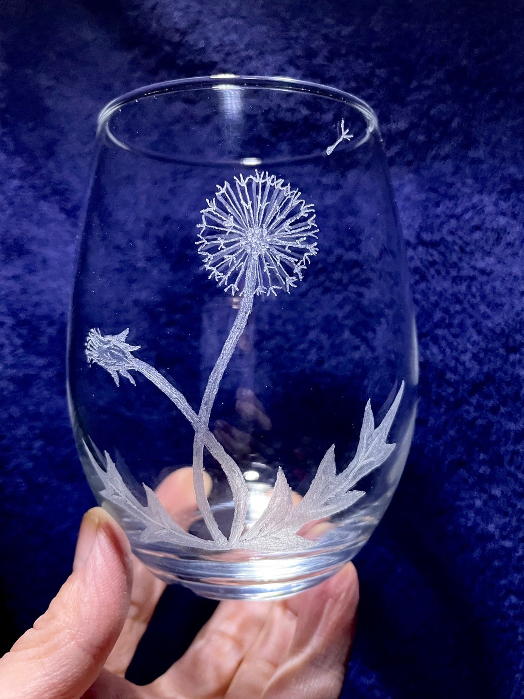 Dandelion Engraved Wine Glass! Stemless Etched Wine Glass. Personalized ...