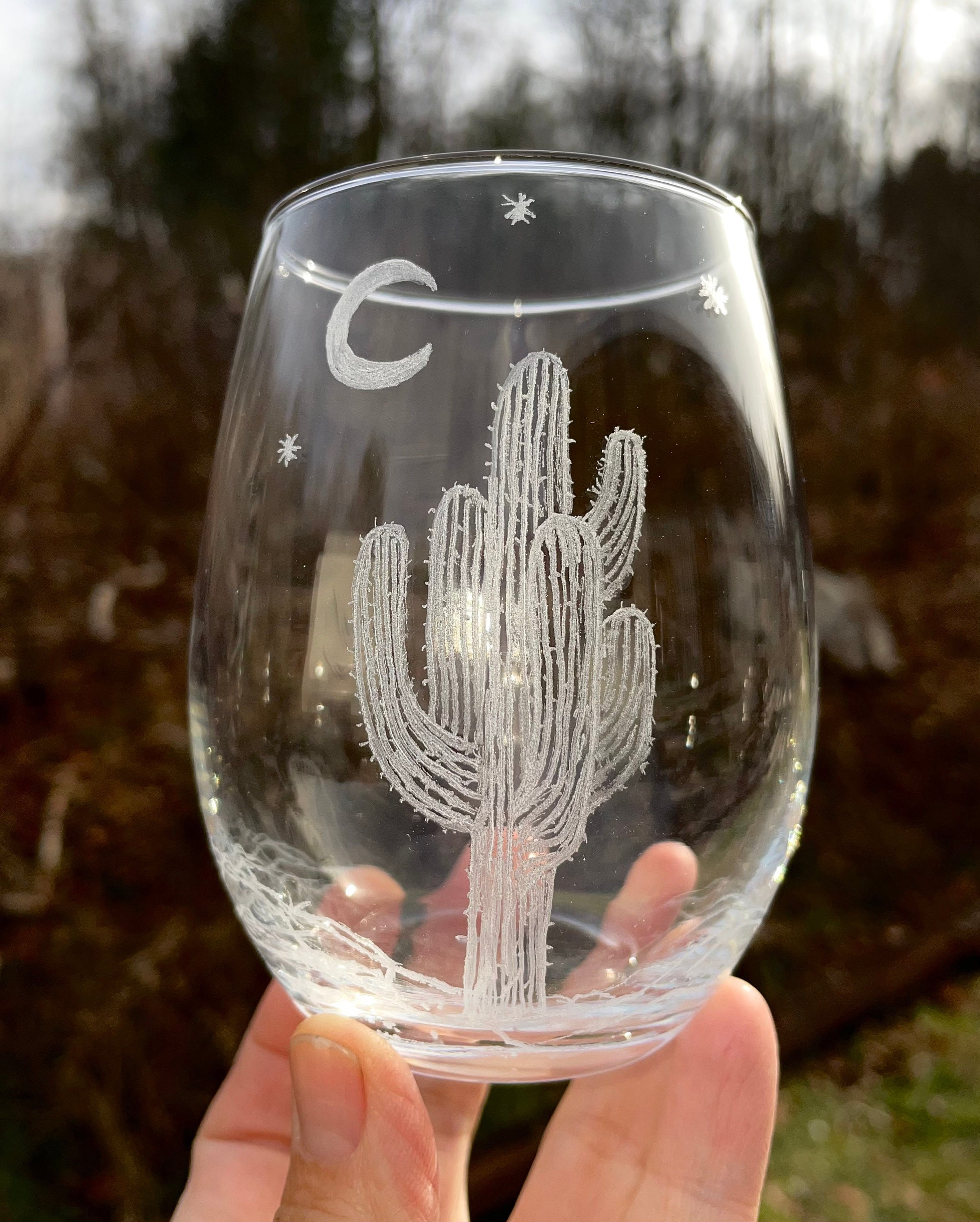 Saguaro Cactus Engraved Wine Glass! Stemless Etched Wine Glass ...