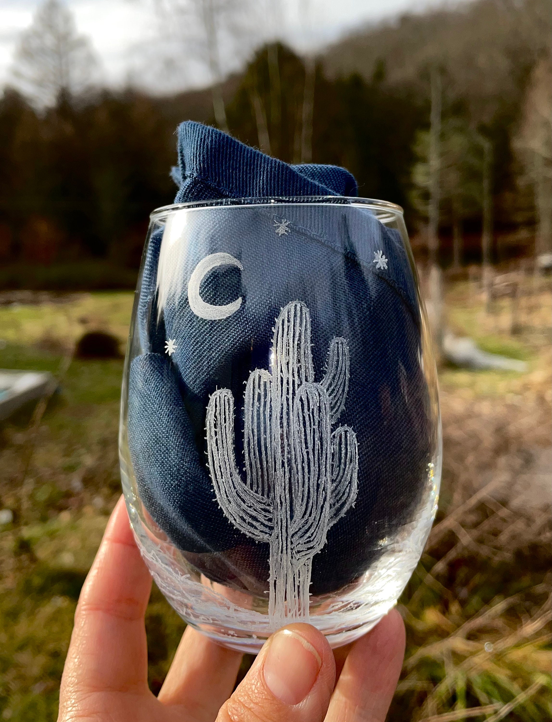 Saguaro Cactus Engraved Wine Glass! Stemless Etched Wine Glass ...