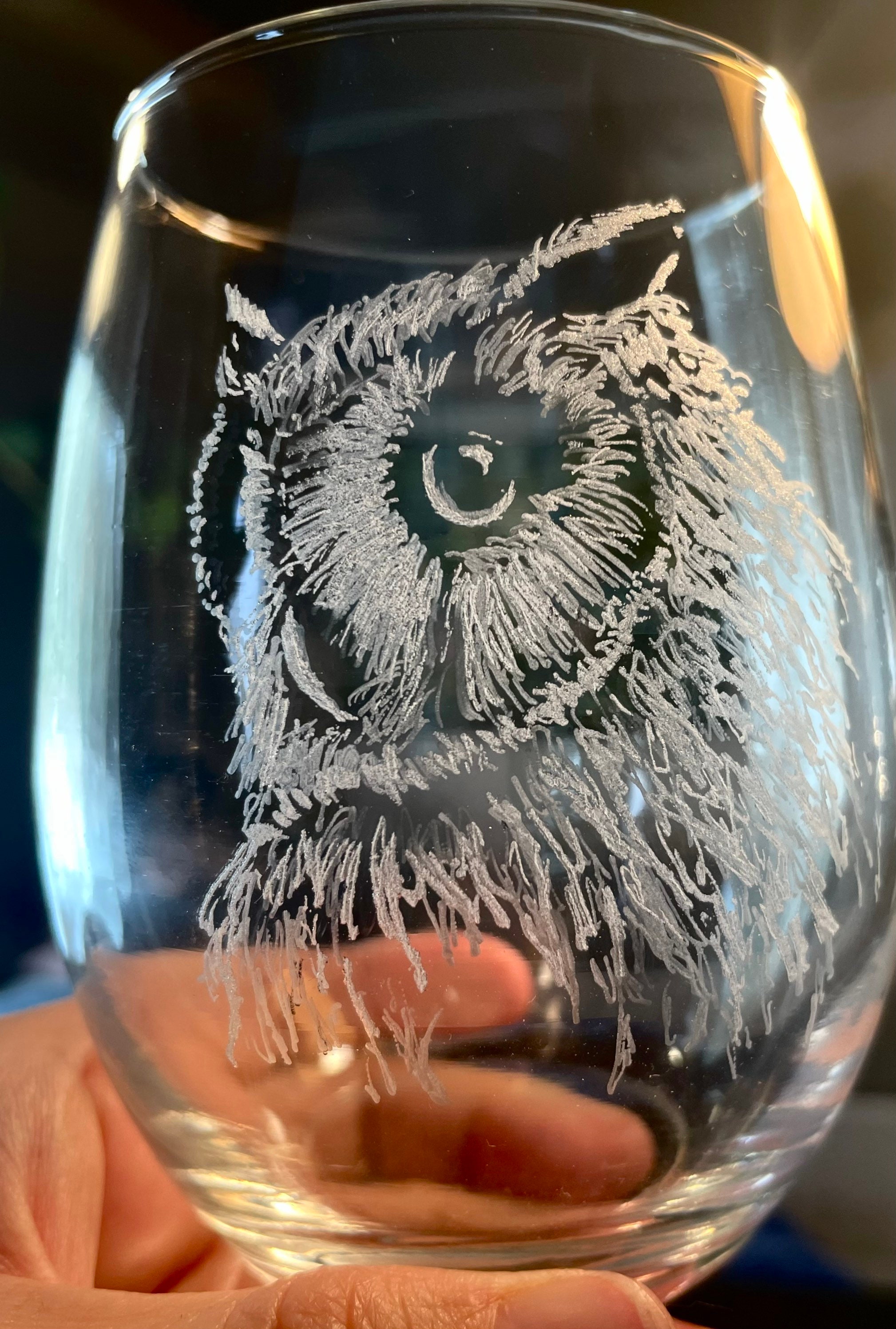 Owl Engraved Wine Glass! Stemless Etched Wine Glass. Personalized for ...