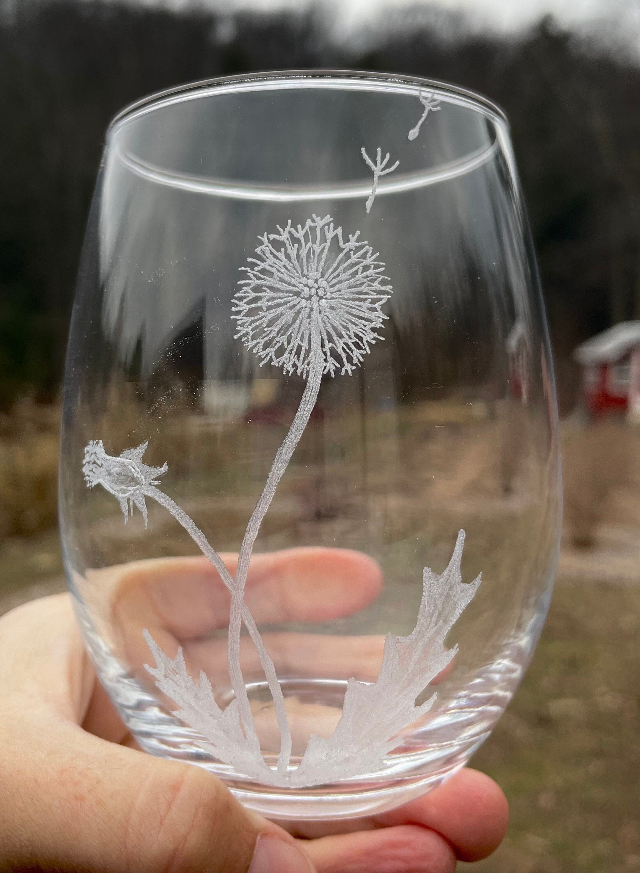 Dandelion Engraved Wine Glass! Stemless Etched Wine Glass. Personalized ...