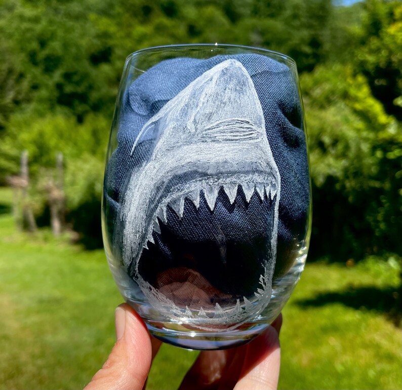 Shark Engraved Wine Glass! Jaws Stemless Etched Wine Glass ...