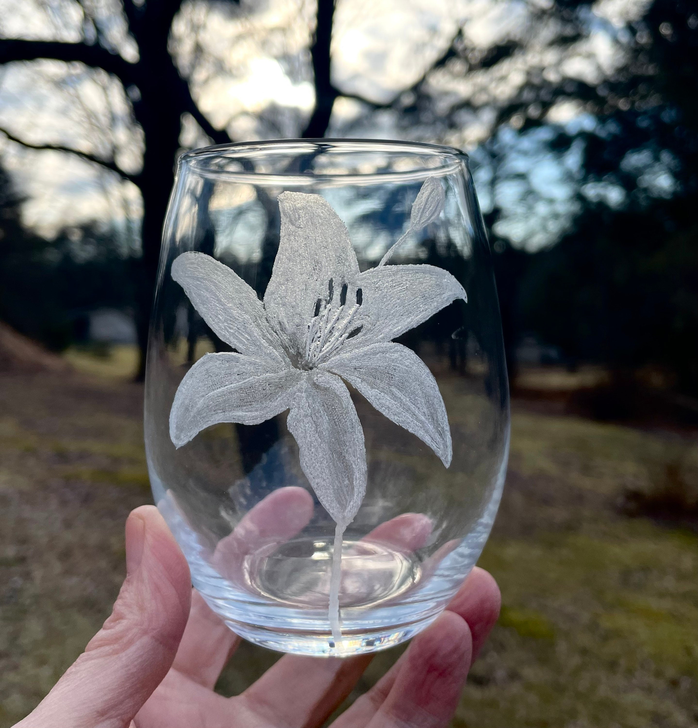 Lily Engraved Wine Glass Stemless Etched Wine Glass. Personalized for ...