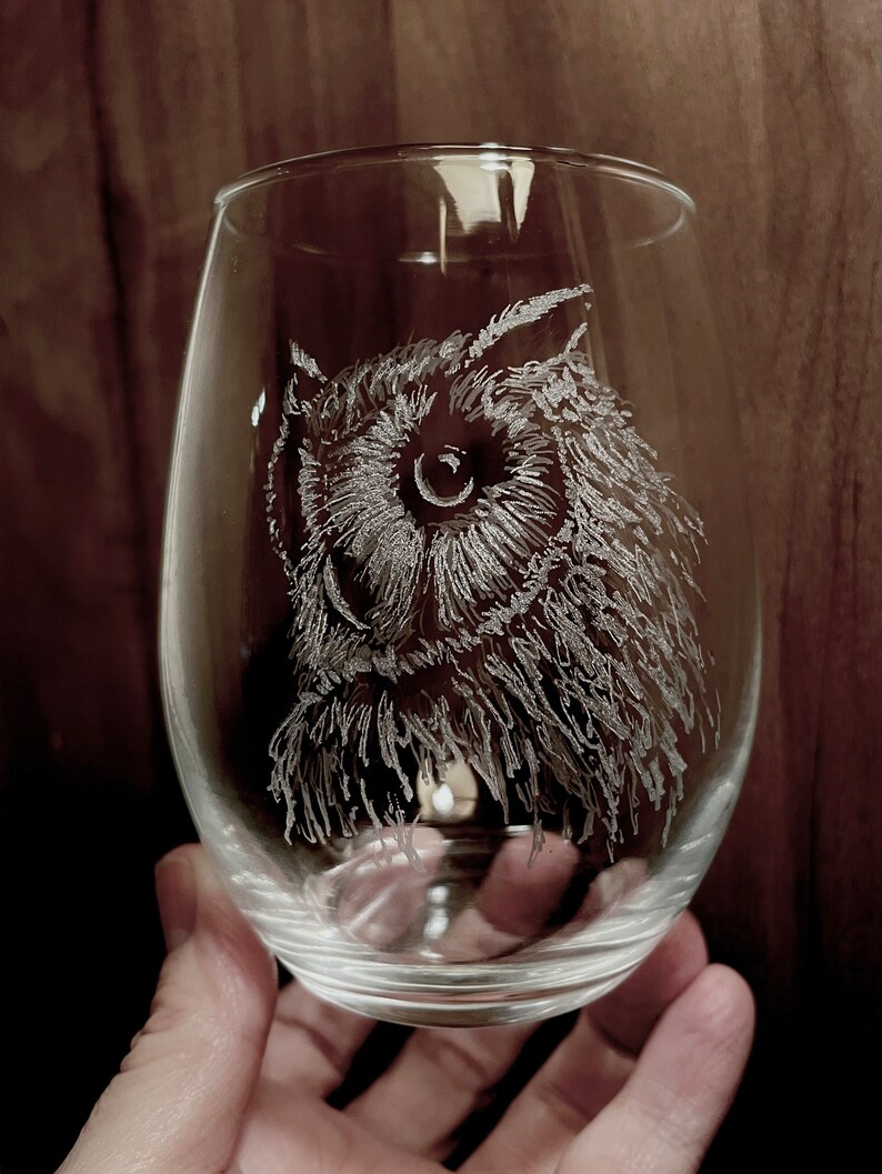 Owl Engraved Wine Glass! Stemless Etched Wine Glass. Personalized for ...