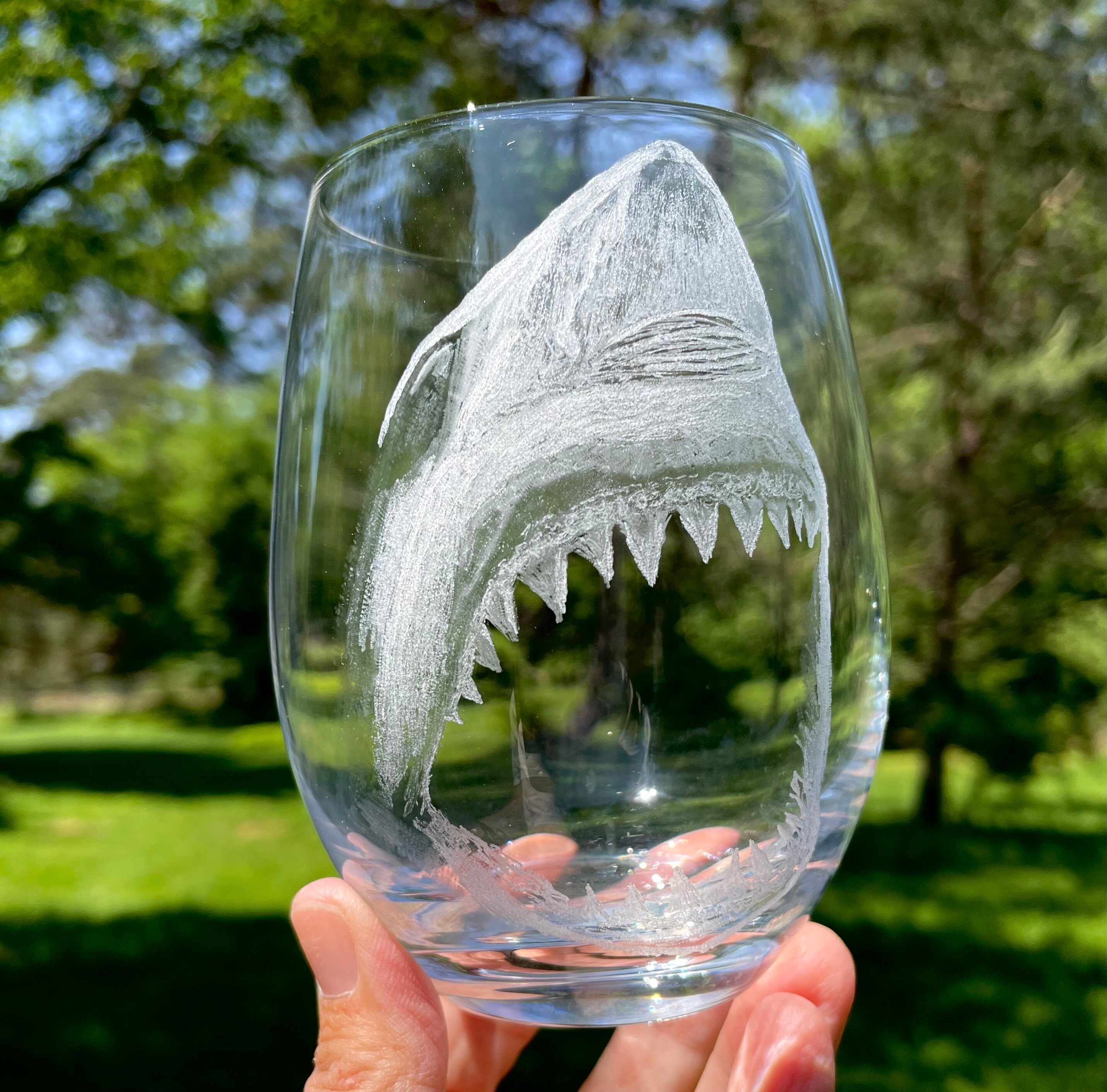 Shark Engraved Wine Glass! Jaws Stemless Etched Wine Glass ...