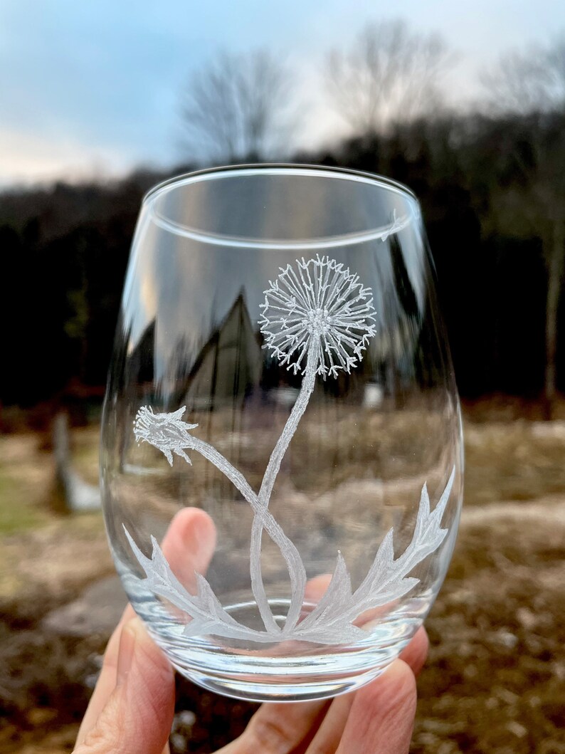 Dandelion Engraved Wine Glass! Stemless Etched Wine Glass. Personalized ...
