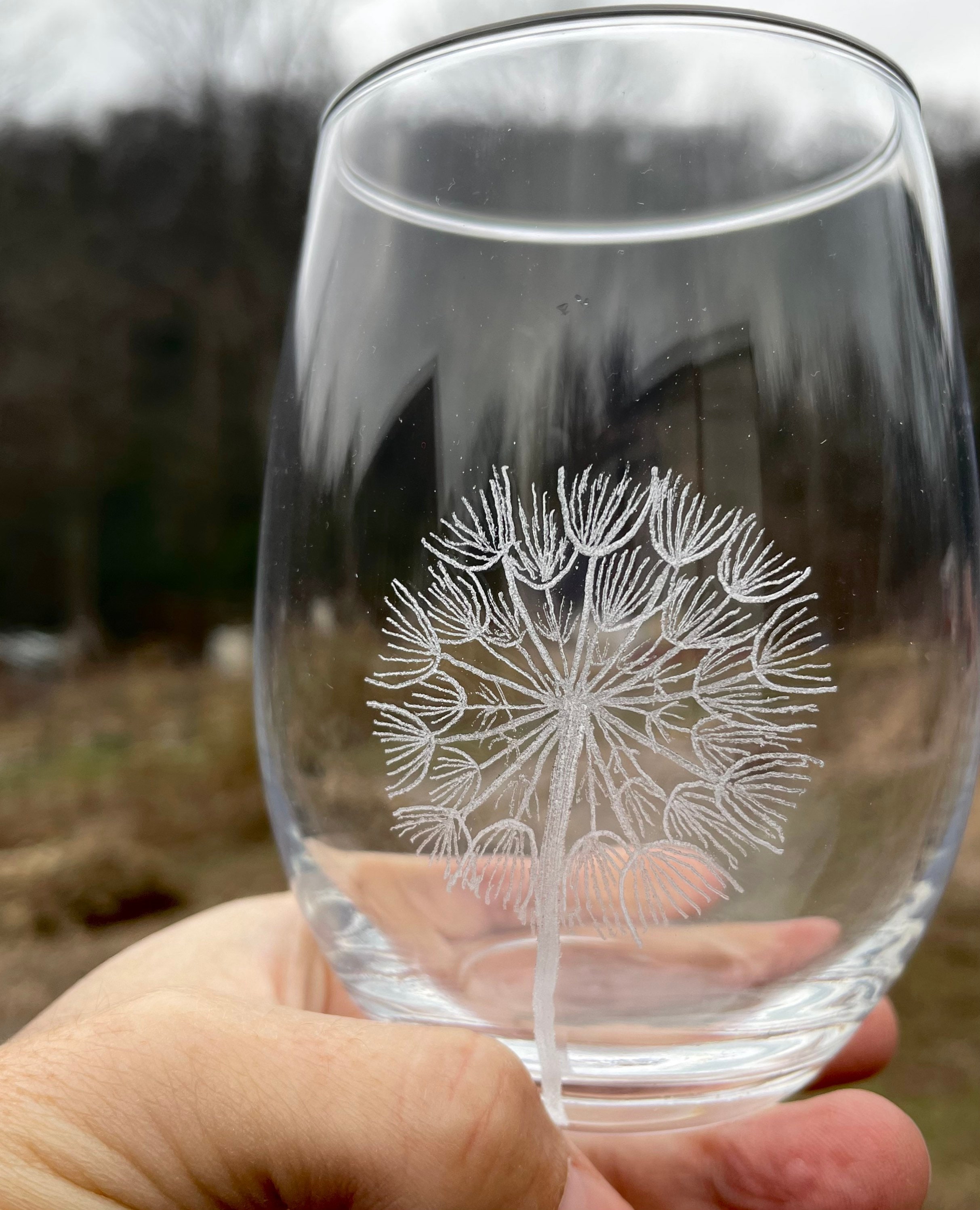 Sale!: Dandelion Engraved Wine Glass! Stemless Etched Wine Glass ...