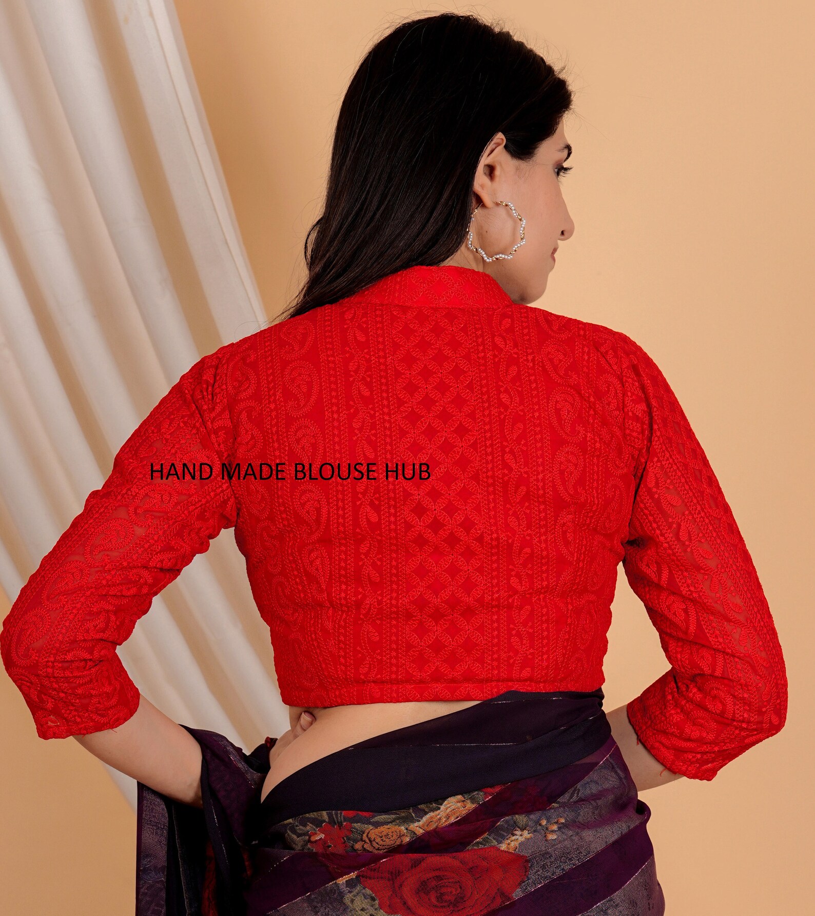 Red EMBROIDERED Saree Blouse, Front Open, 3/4 Sleeve, Party Wear Blouse ...