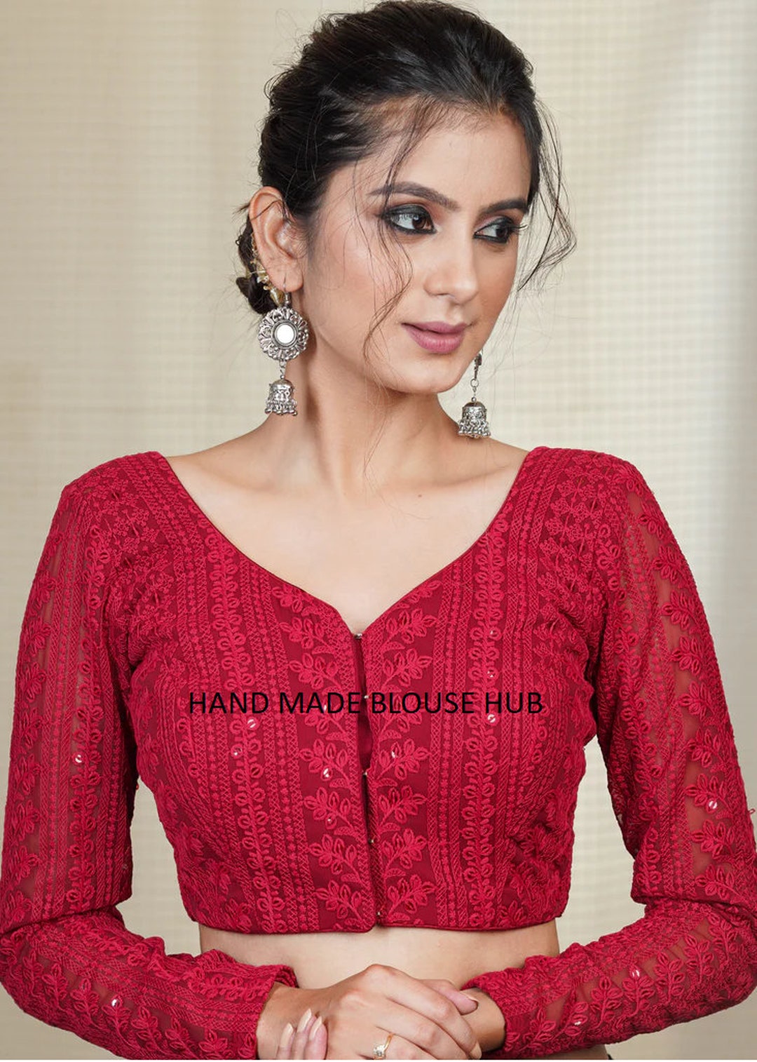 Red EMBROIDERED Saree Blouse, Front Open, Full Sleeves, Hand Made ...