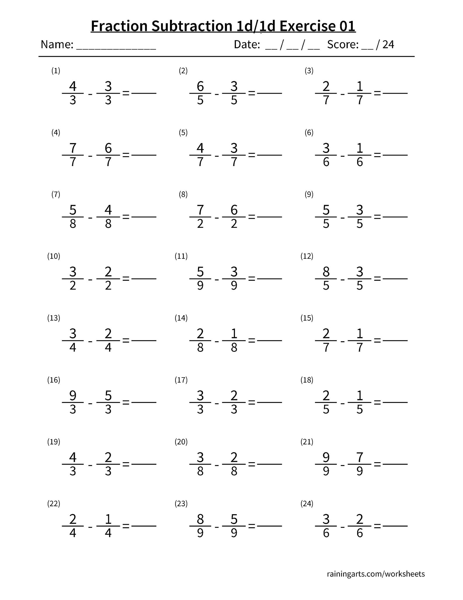 Math Fraction Subtraction 30 Printable Worksheets With 720 Etsy Math Fraction Subtraction 30 Printable Worksheets With 720 Etsy