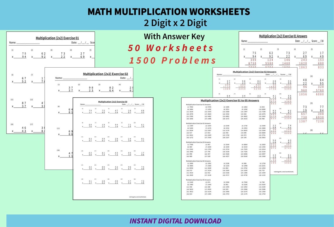 Multiplication Math 50 Printable Worksheets 2x2 2digit X 2digit With ...